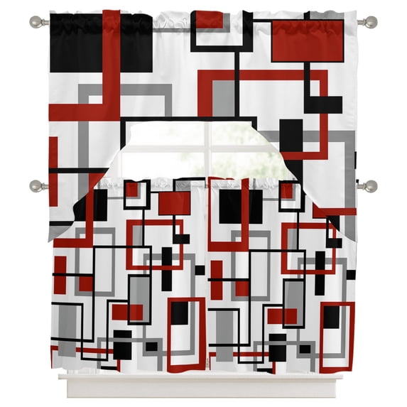 3 Pieces Swag Kitchen Curtains Set, Red Black Grey Geometric Valance ...
