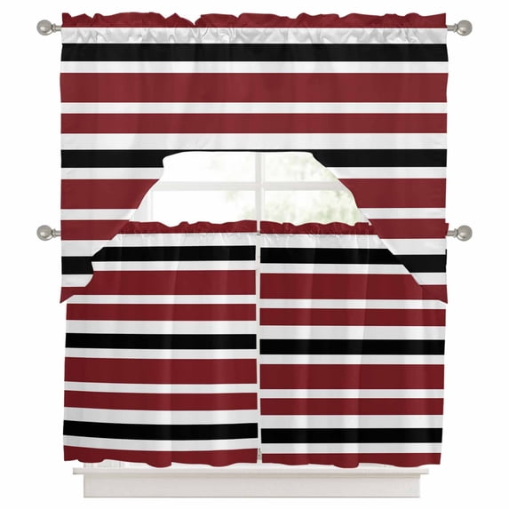 3 Pieces Swag Kitchen Curtains Set, Red Black Striped Valance Swag ...