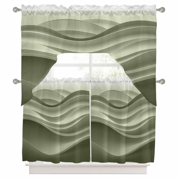 3 Pieces Swag Kitchen Curtains Set, Sage Green Striped Valance Swag ...