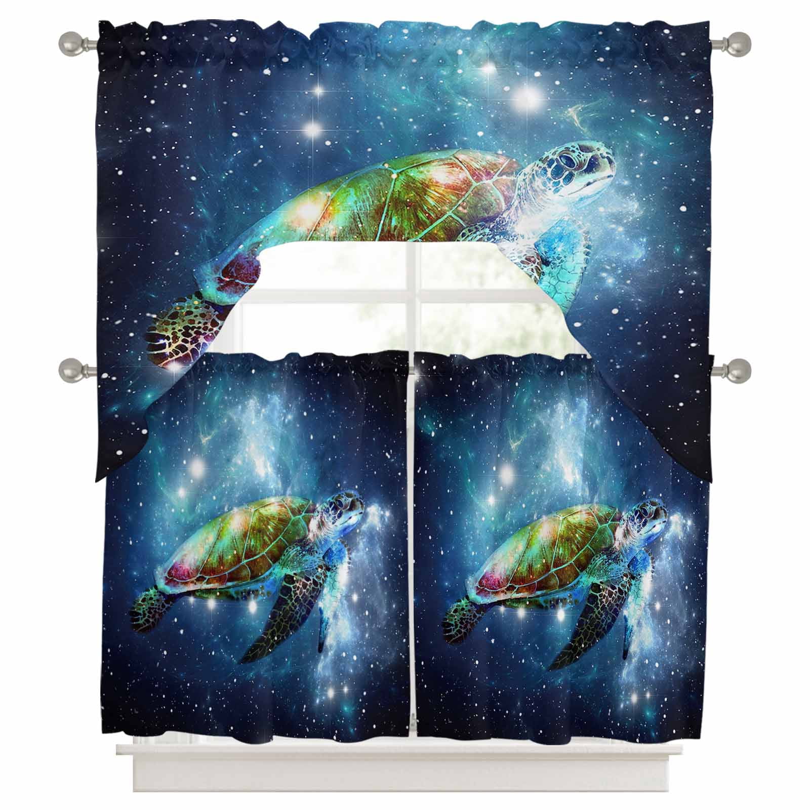 3 Pieces Swag Kitchen Curtains Set, Sea Turtle Valance Swag & Small ...