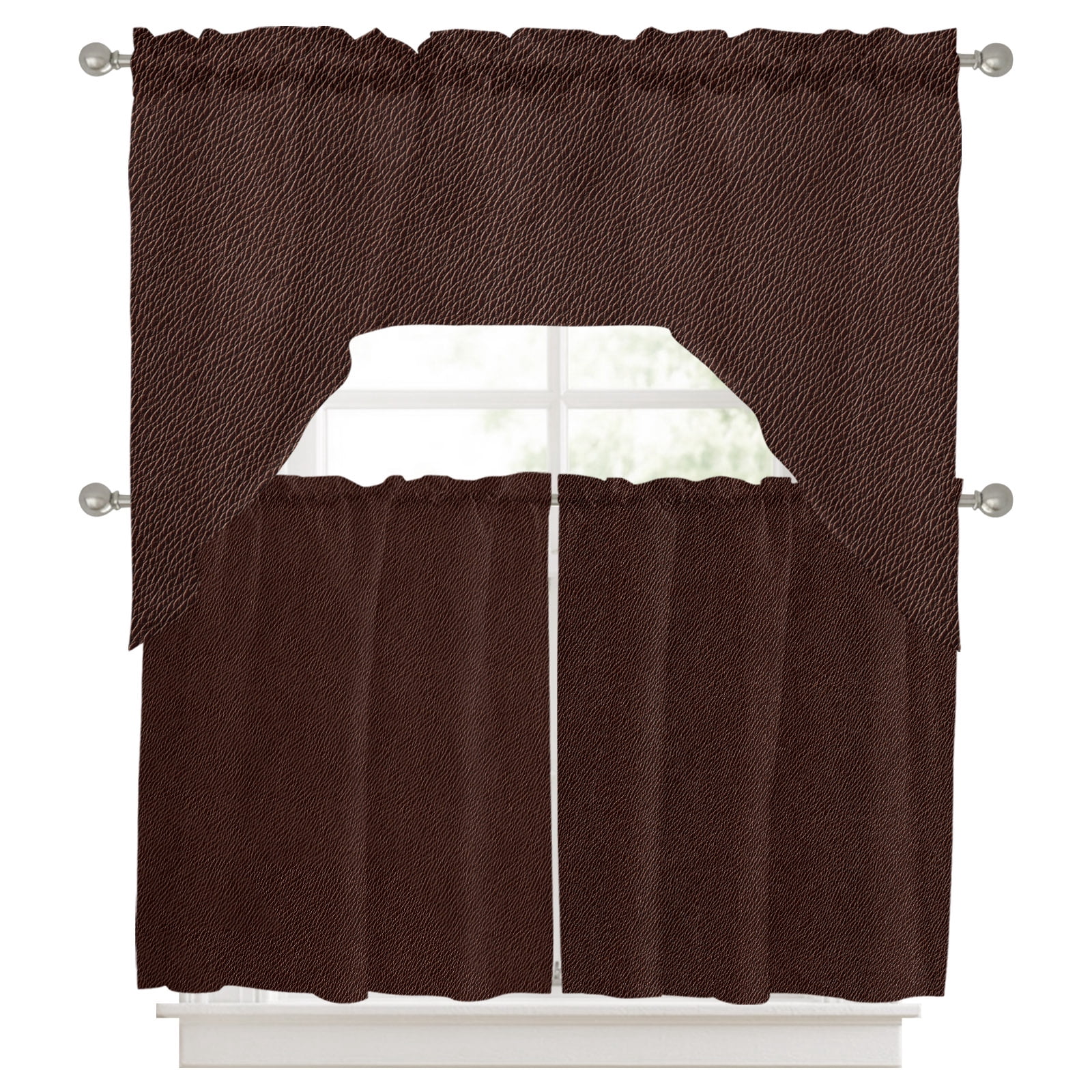 3 Pieces Swag Kitchen Curtains Set, Solid Brown Valance Swag & Small ...