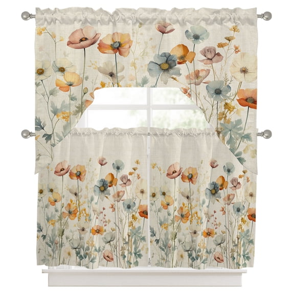 3 Pieces Swag Kitchen Curtains Set, Spring Floral Valance Swag & Small ...