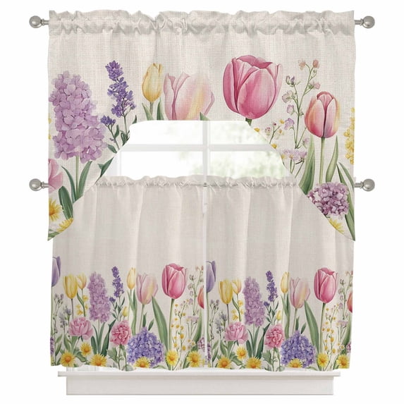 3 Pieces Swag Kitchen Curtains Set, Spring Floral Valance Swag & Small ...