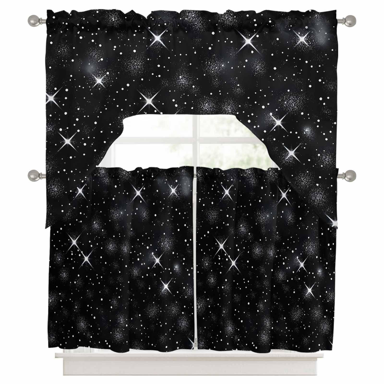 3 Pieces Swag Kitchen Curtains Set, Starry Sky Valance Swag & Small ...