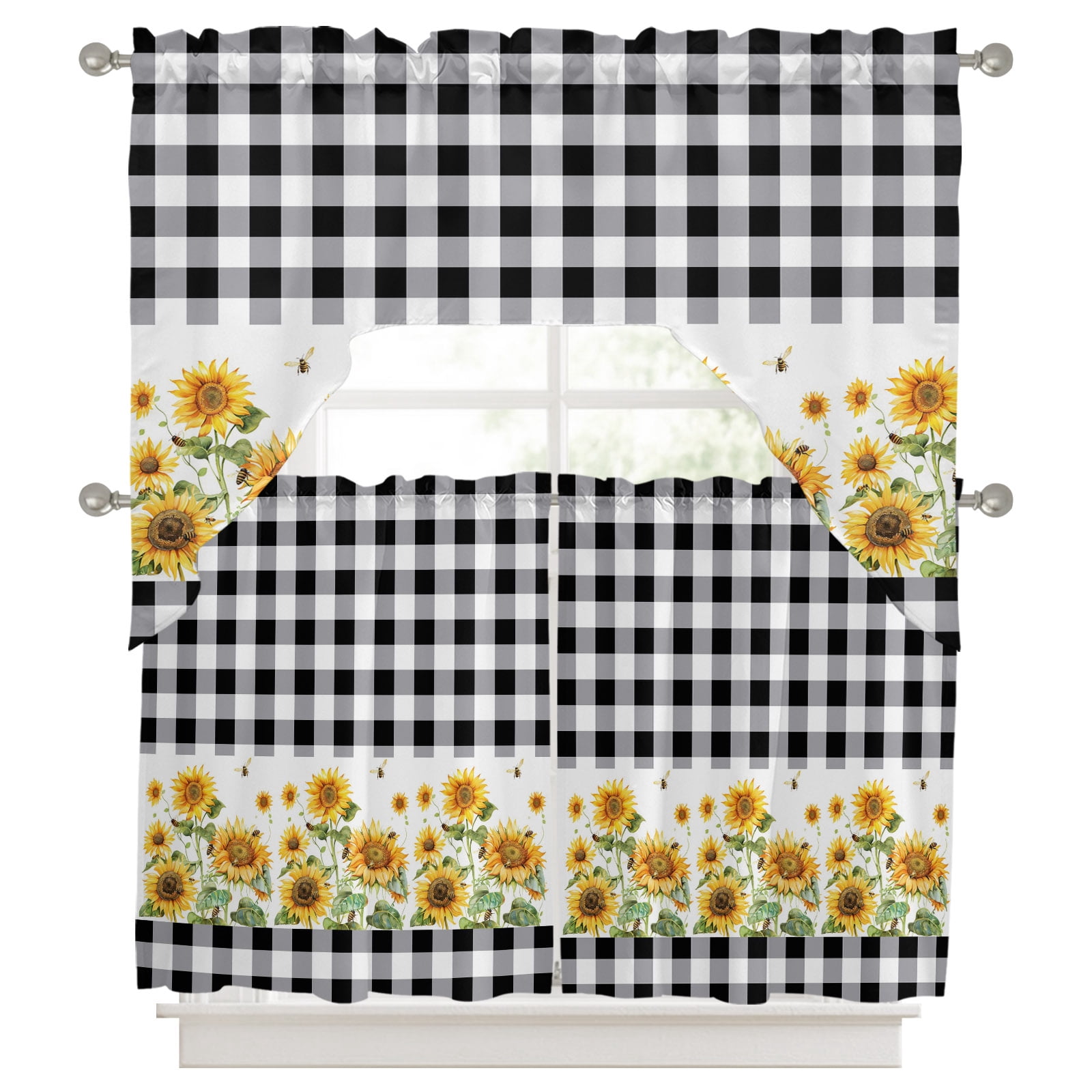 3 Pieces Swag Kitchen Curtains Set, Sunflower Valance Swag & Small ...