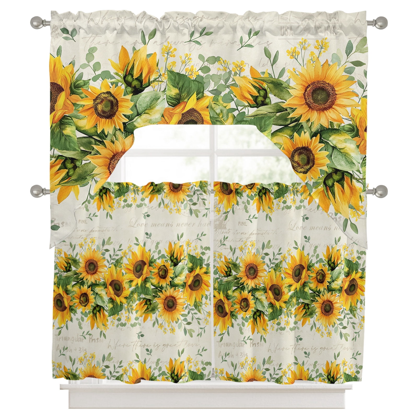 3 Pieces Swag Kitchen Curtains Set, Sunflower Valance Swag & Small ...