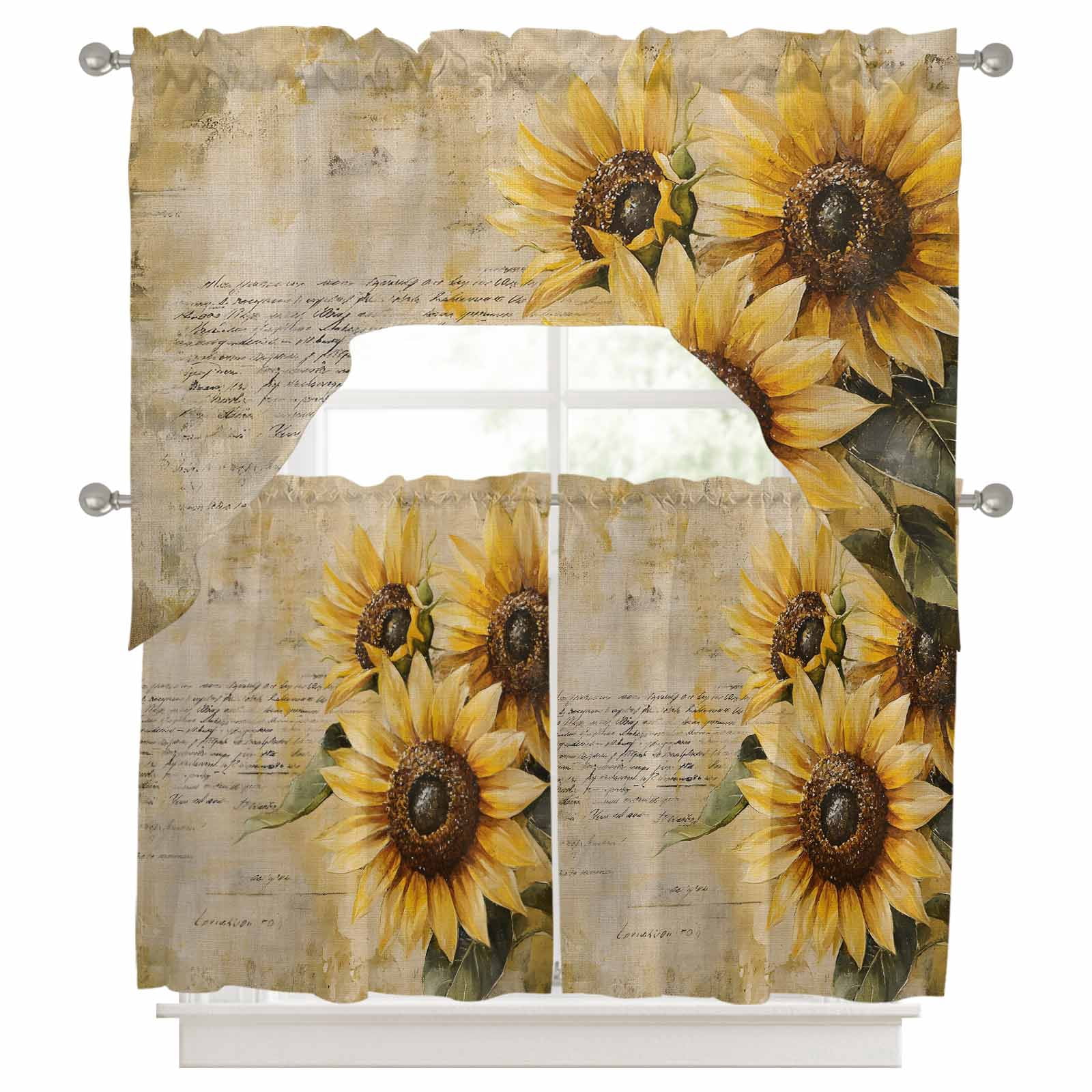 3 Pieces Swag Kitchen Curtains Set, Sunflower Valance Swag & Small ...
