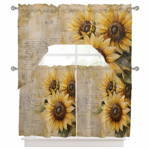 3 Pieces Swag Kitchen Curtains Set, Sunflower Valance Swag & Small ...