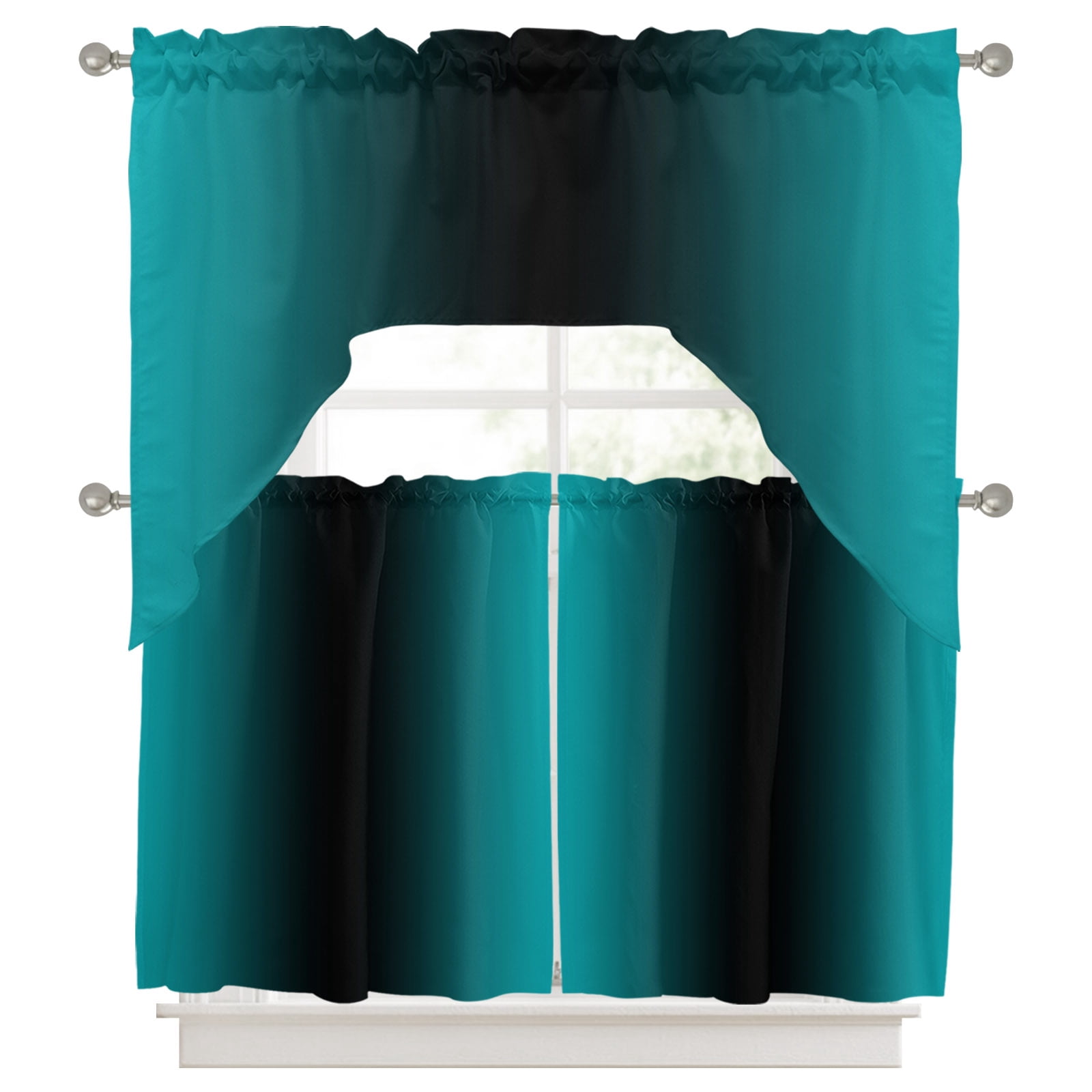 3 Pieces Swag Kitchen Curtains Set, Teal Black Ombre Valance Swag ...
