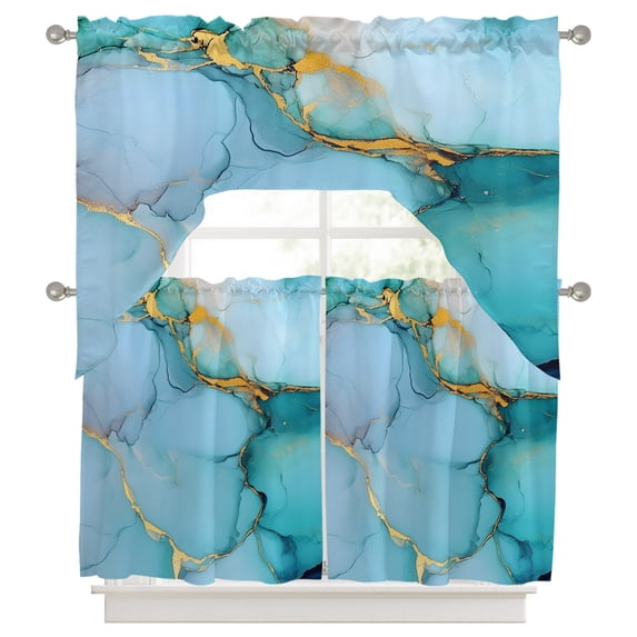 3 Pieces Swag Kitchen Curtains Set, Teal Marble Valance Swag & Small ...