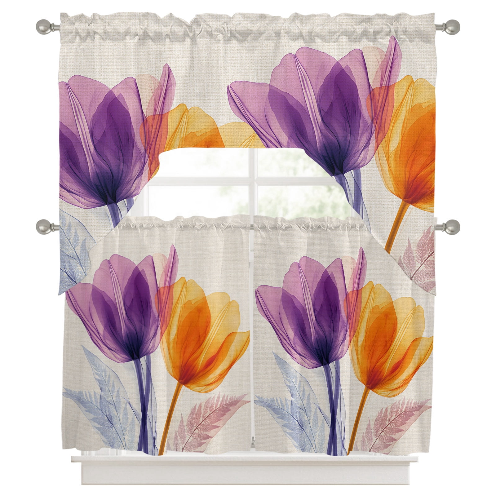 3 Pieces Swag Kitchen Curtains Set, Tulip Flowers Valance Swag & Small ...