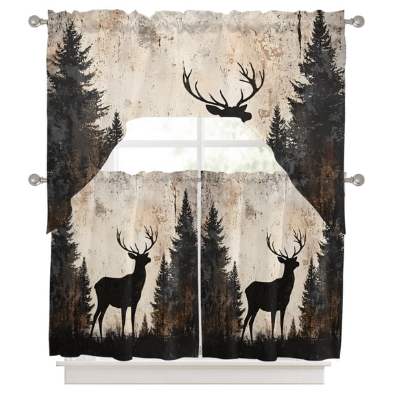 3 Pieces Swag Kitchen Curtains Set, Vintage Forest Deer Valance Swag ...