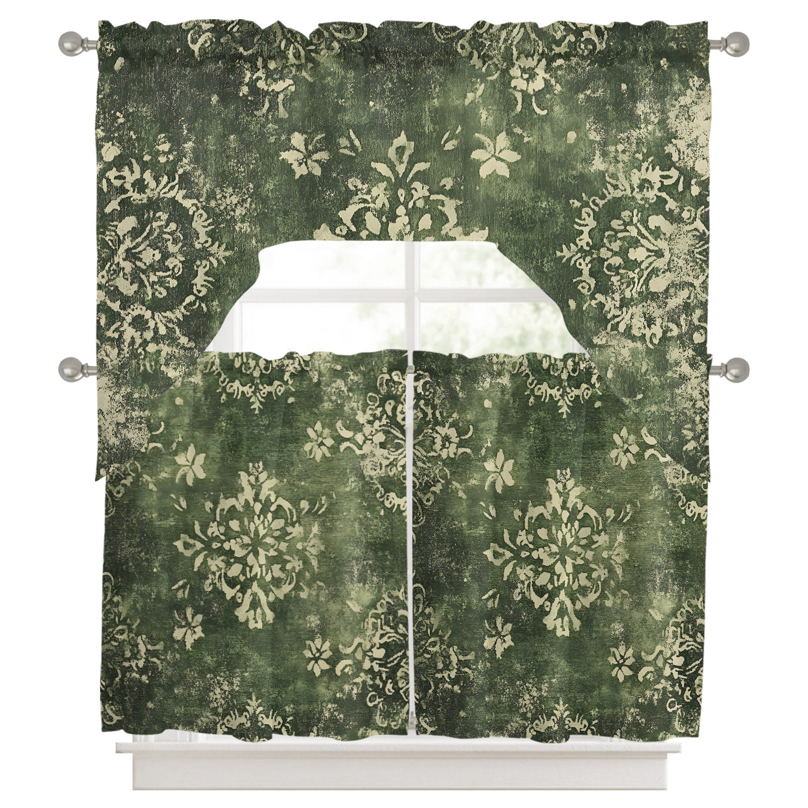 3 Pieces Swag Kitchen Curtains Set, Vintage Green Yellow Valance Swag ...