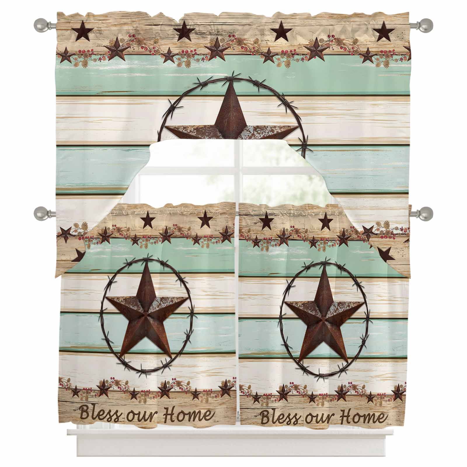3 Pieces Swag Kitchen Curtains Set, Western Texas Star Green Valance ...