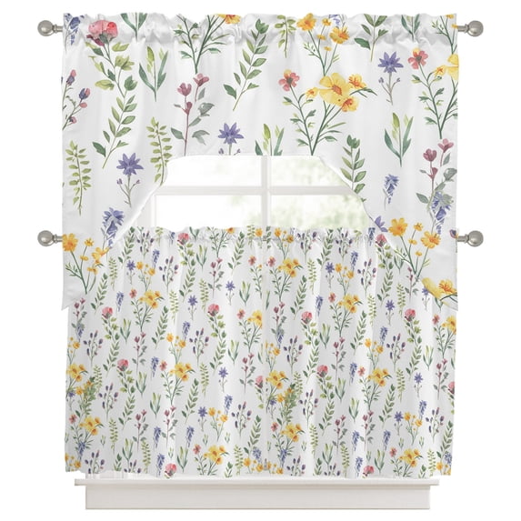 3 Pieces Swag Kitchen Curtains Set, Wildflowers Blossom Valance Swag ...
