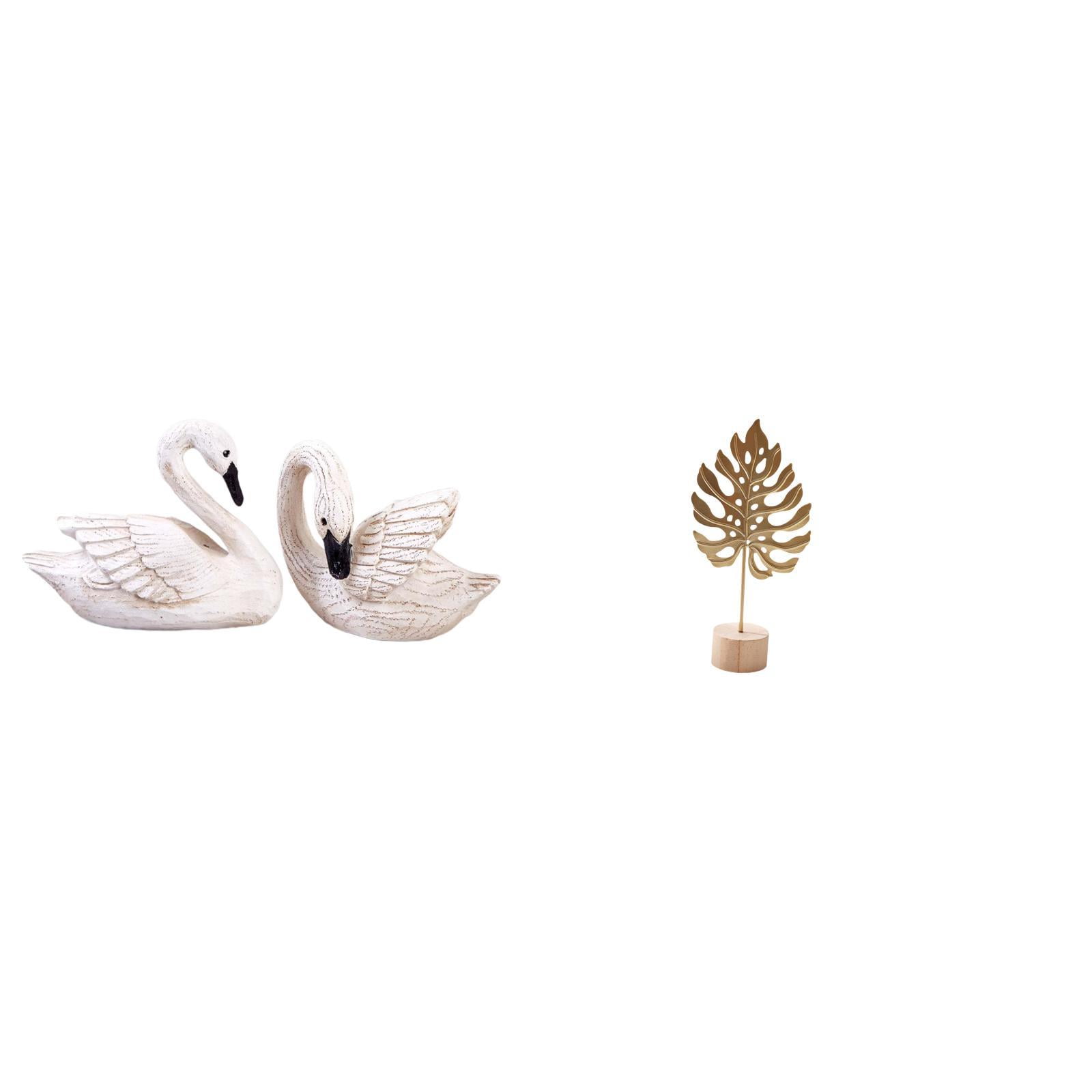3 Pieces Swan Leaf Statue Metal Art Ornament Resin Sculpture with Wood ...