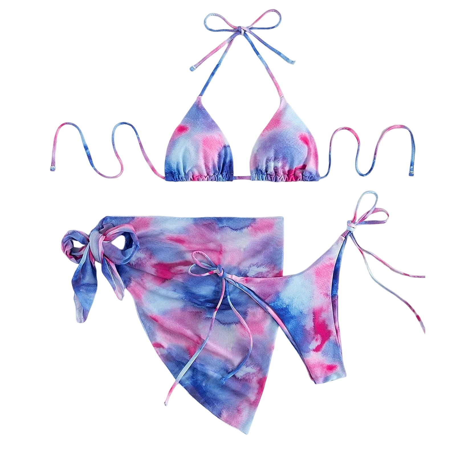 3 Pieces Swimsuit for Women Tie Dye Swimwear Tie Side Bikini Set with ...