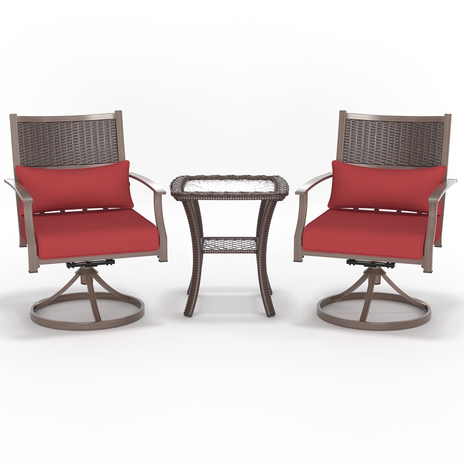 Bluenine 3 Piece Wicker Outdoor Swivel Chairs Sets with Red Cushions ...