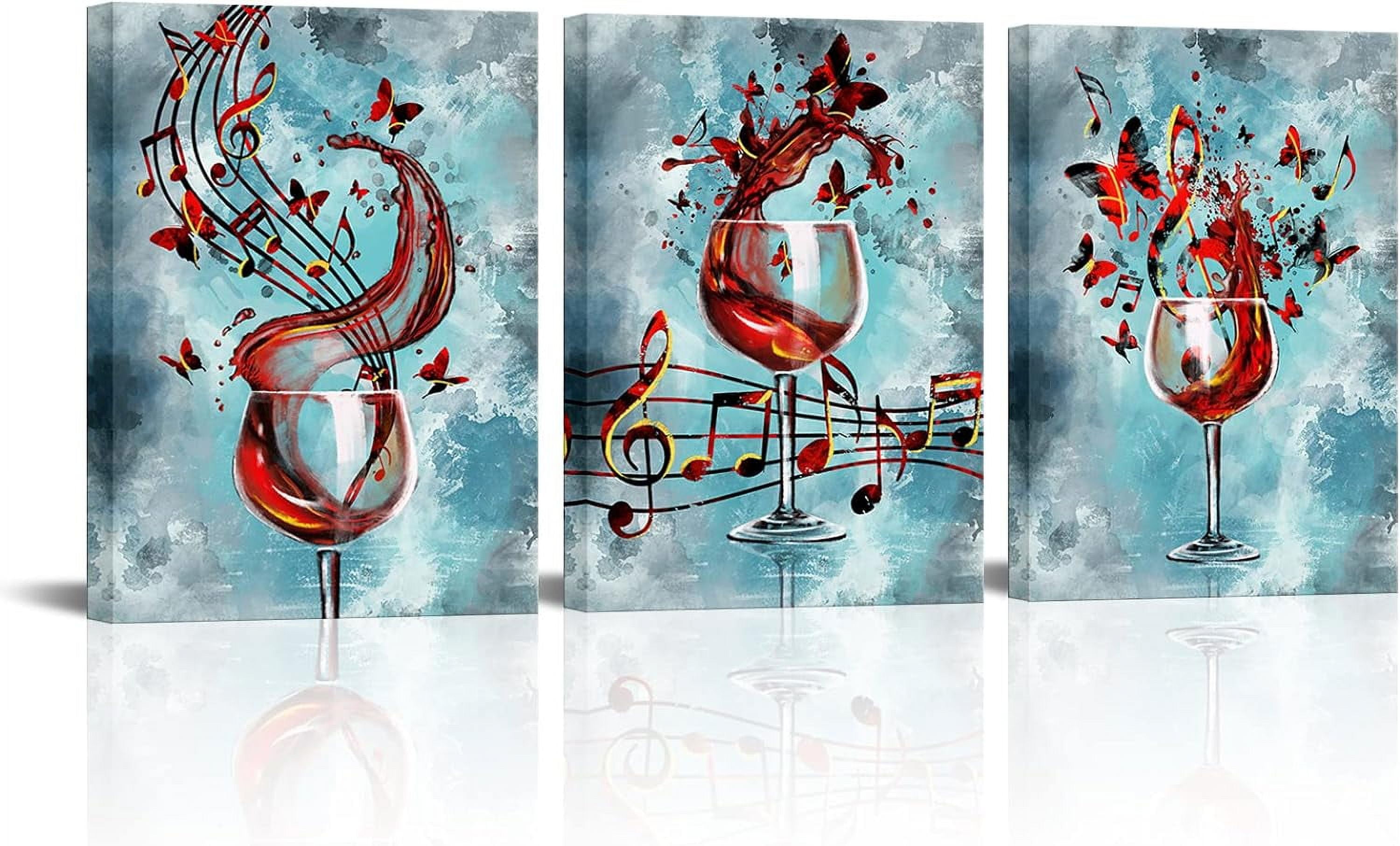 3 Pieces Teal Canvas Wall Art Red Wine Glass with Music Note Picture ...