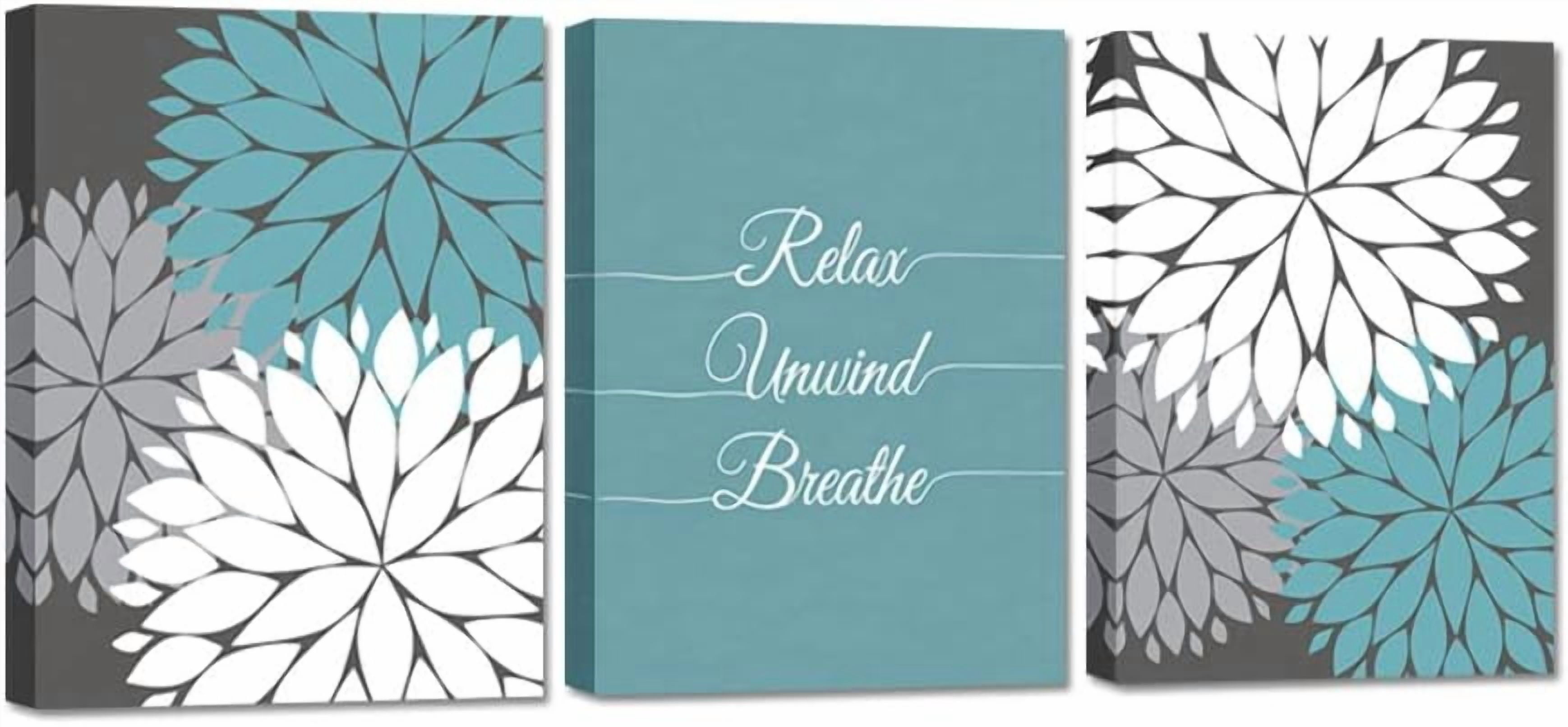3 Pieces Teal and Grey Bathroom Wall Art Relax Unwind Breathe Signs ...