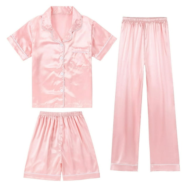 3 Pieces Teen Girls Satin Pajamas Set Short Sleeve Button Down ...
