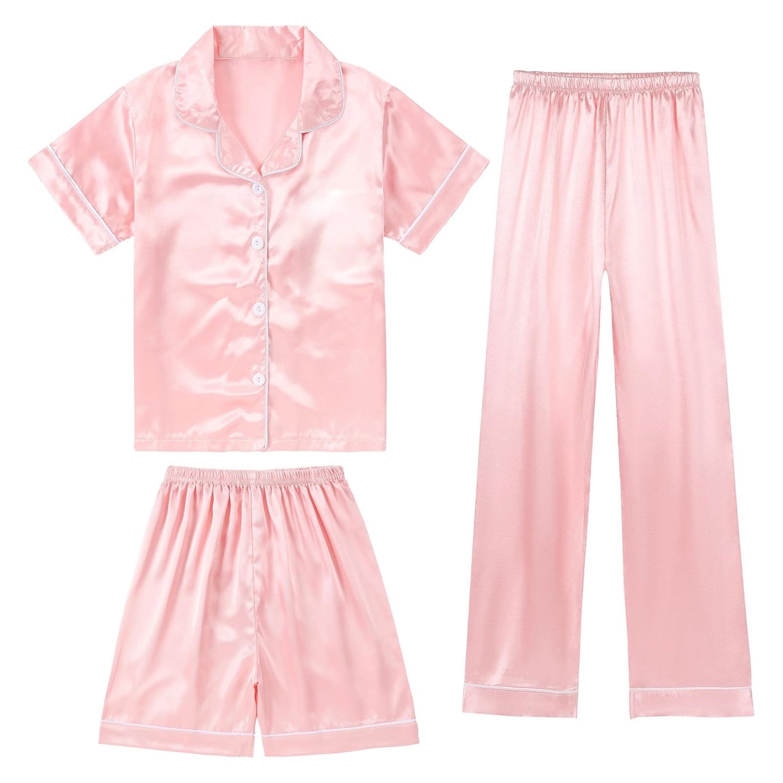 3 Pieces Teen Girls Silk Pajamas Set Short Sleeve Button Down Nightgown ...