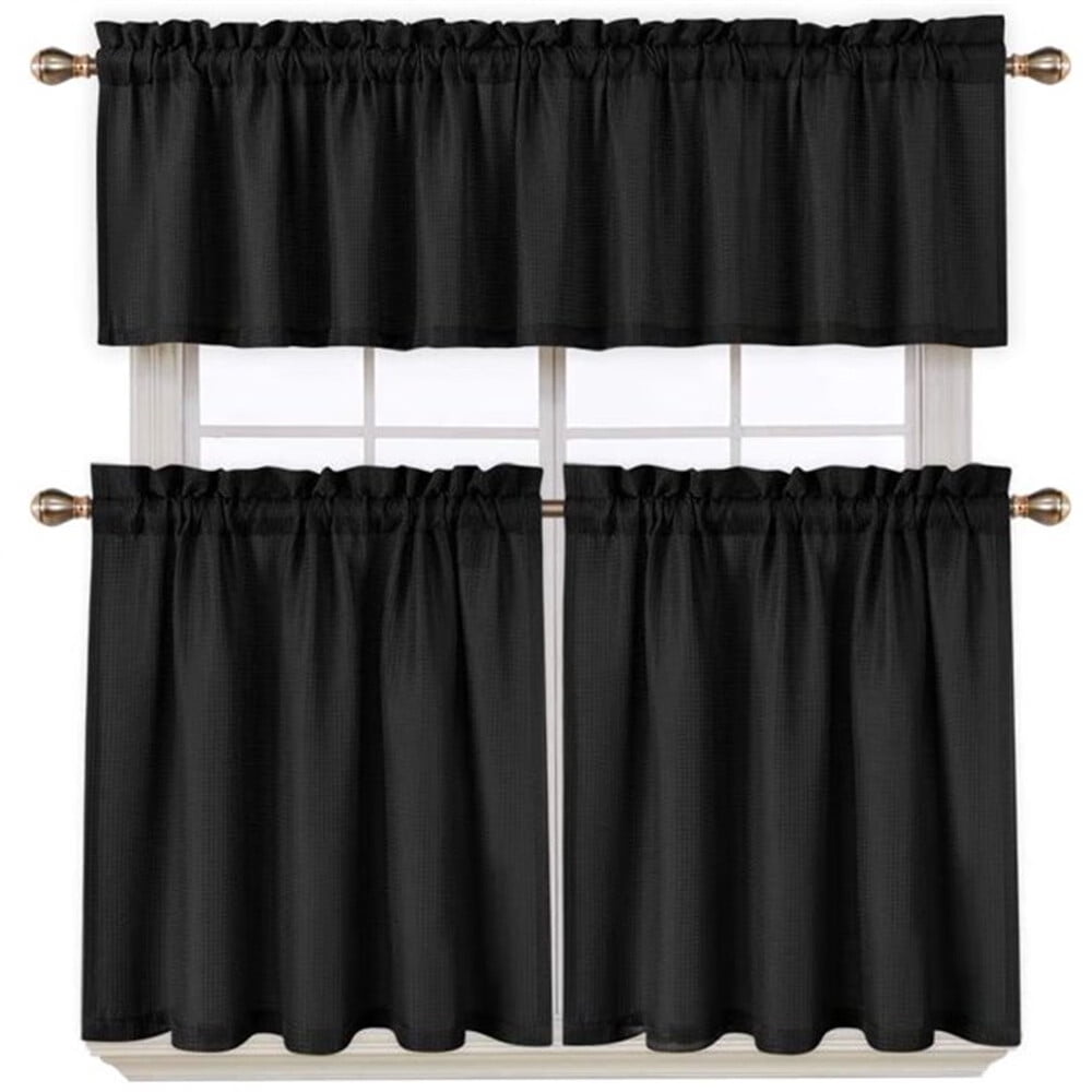 3 Pieces Tier Curtain Valance Set, Waffle Weave Textured Rod Pocket ...