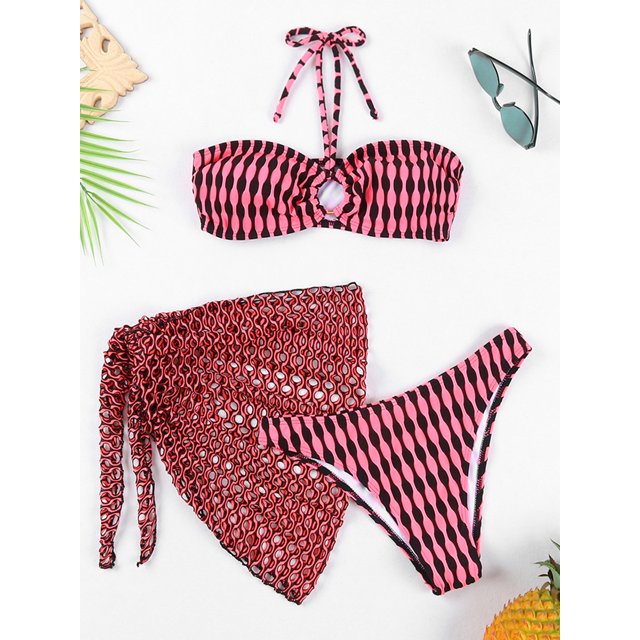 3 Pieces Triangle Halter String Ring Link Bikini Beach Skirt Swimsuit ...