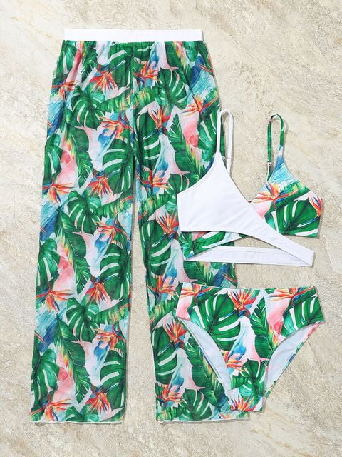 3 Pieces Tropical Print Bikini 2024 Girls Swimsuit with Skirt Kids ...