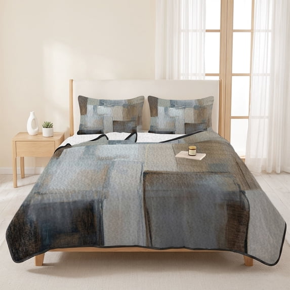 3 Pieces Twin Quilt Set,Brown Gray Gradient Color Block Soft Bedding ...