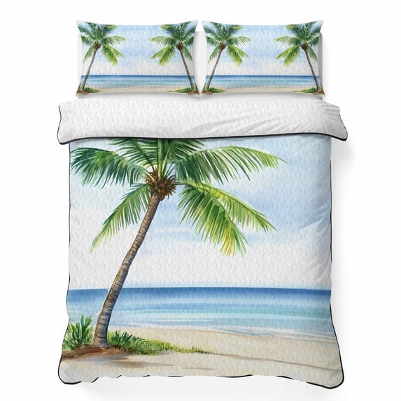 3 Pieces Twin Quilt Set,Seaside Beach Palm Trees Soft Bedding Sets with ...