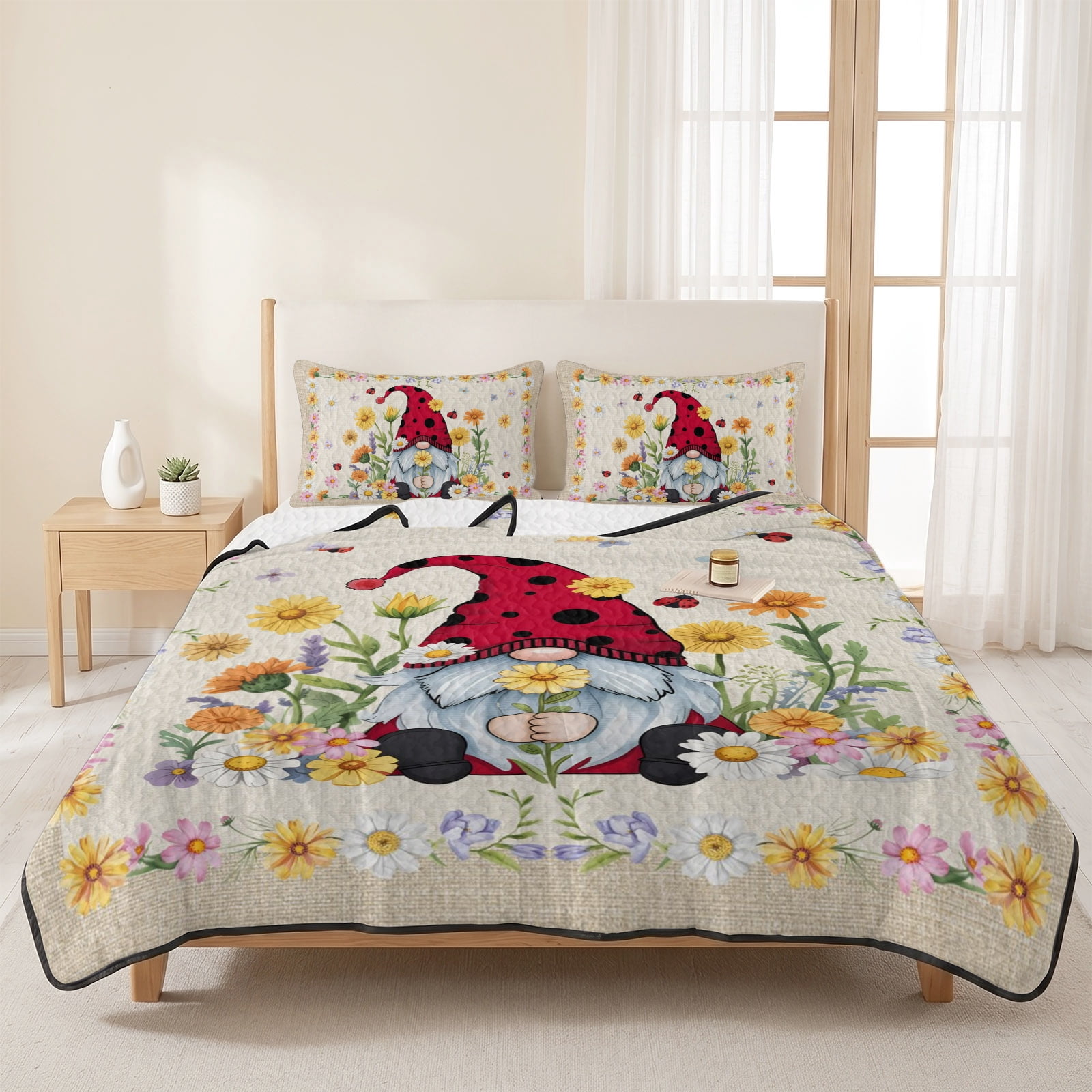 3 Pieces Twin XL Quilt Set,Summer Daisy Flower Ladybug Gnome Soft ...