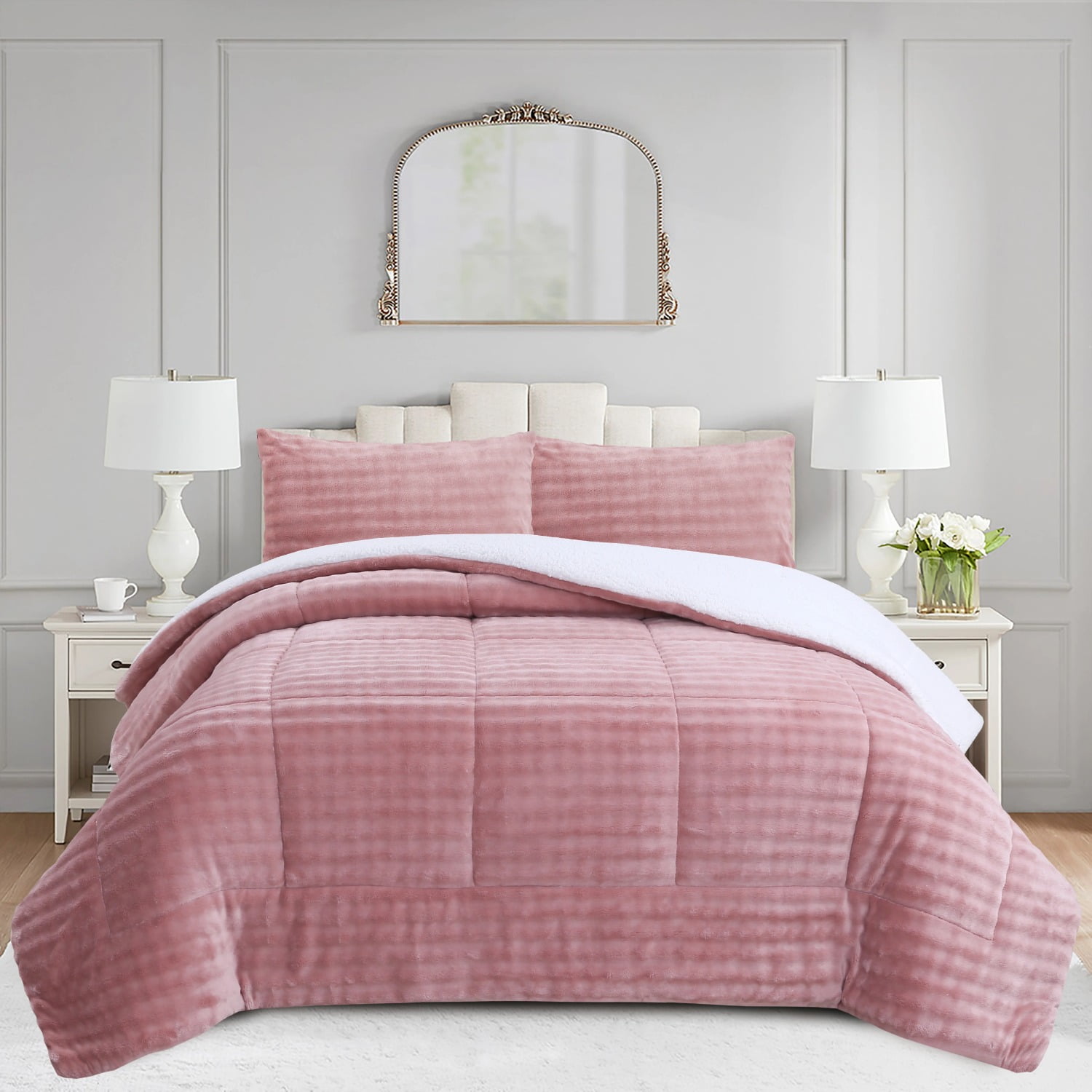 3 Pieces Ultra-Soft Fluffy Faux Fur Comforter Set, Warm Plush Sherpa ...