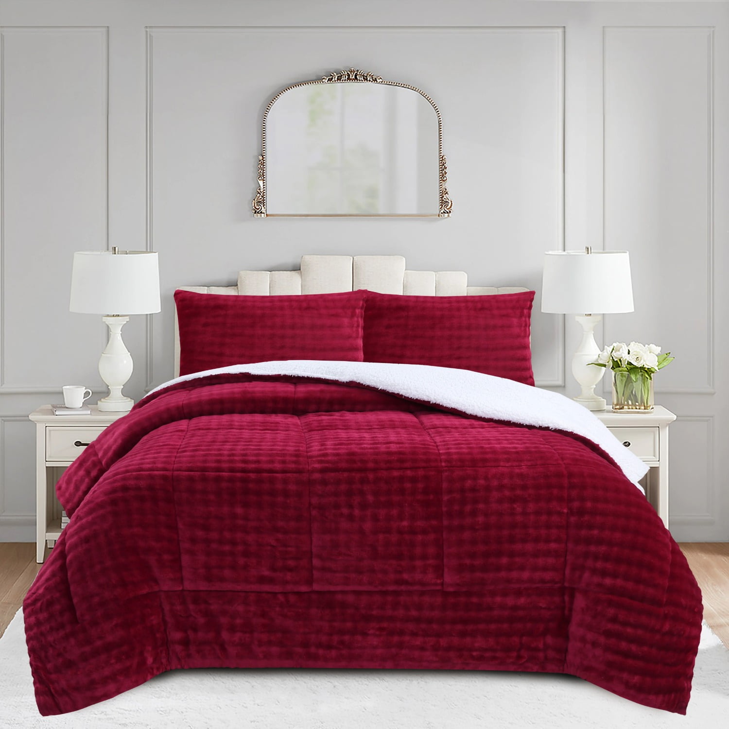 3 Pieces Ultra-Soft Fluffy Faux Fur Comforter Set, Warm Plush Sherpa ...