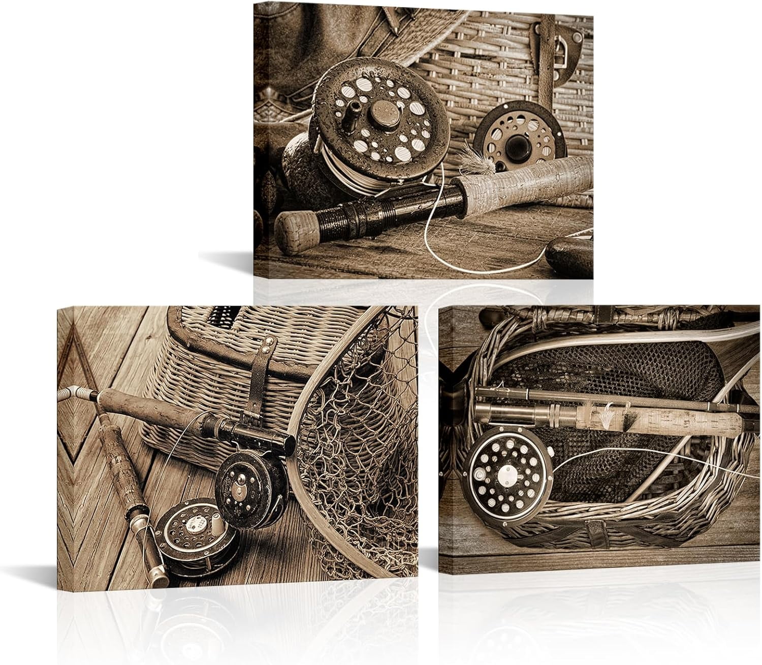 3 Pieces Vintage Fishing Rod Net Wall Art Canvas Prints Fisherman Man ...