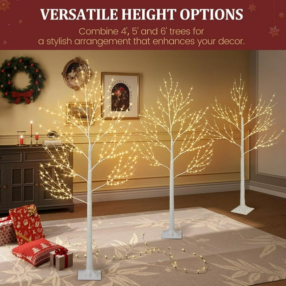 3-Pieces White Birch Tree Set, 4FT 5FT 6FT Led Lighted Twig Christmas ...