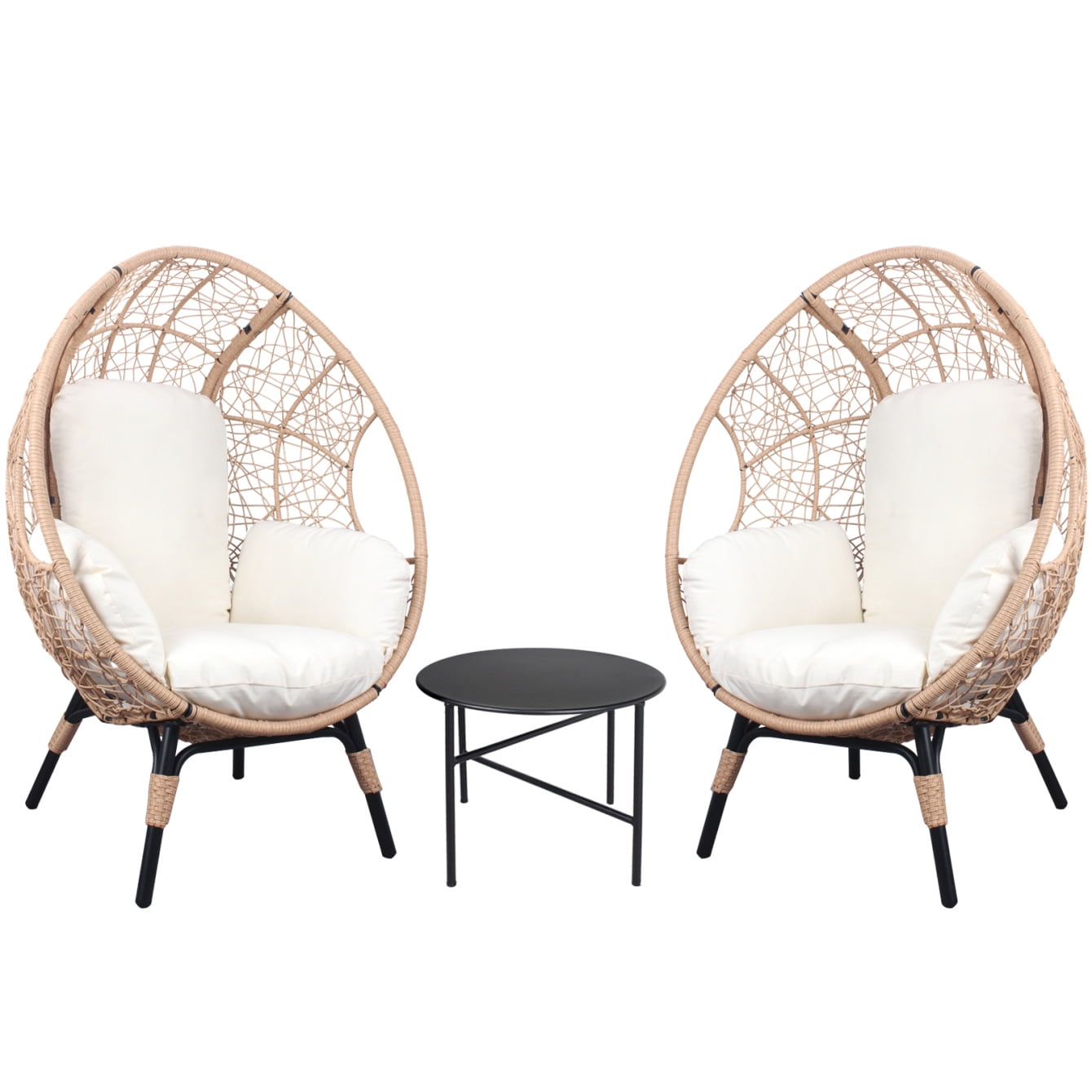 3 Pieces Wicker Egg Chair Set, Oversized Indoor Outdoor Egg Chairs with ...
