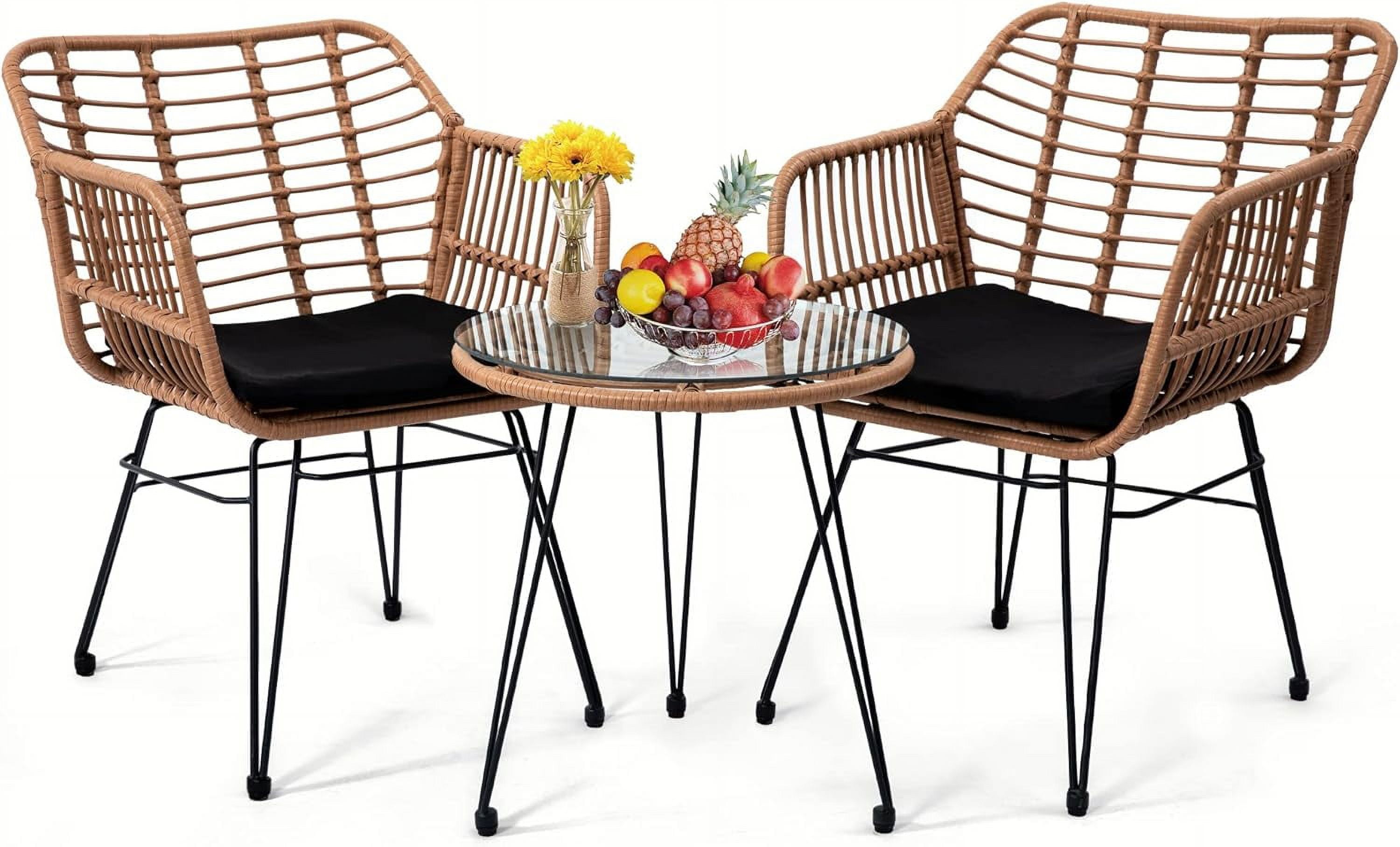3 Pieces Wicker Patio Bistro Furniture Set, Includes 2 Chairs and Glass ...
