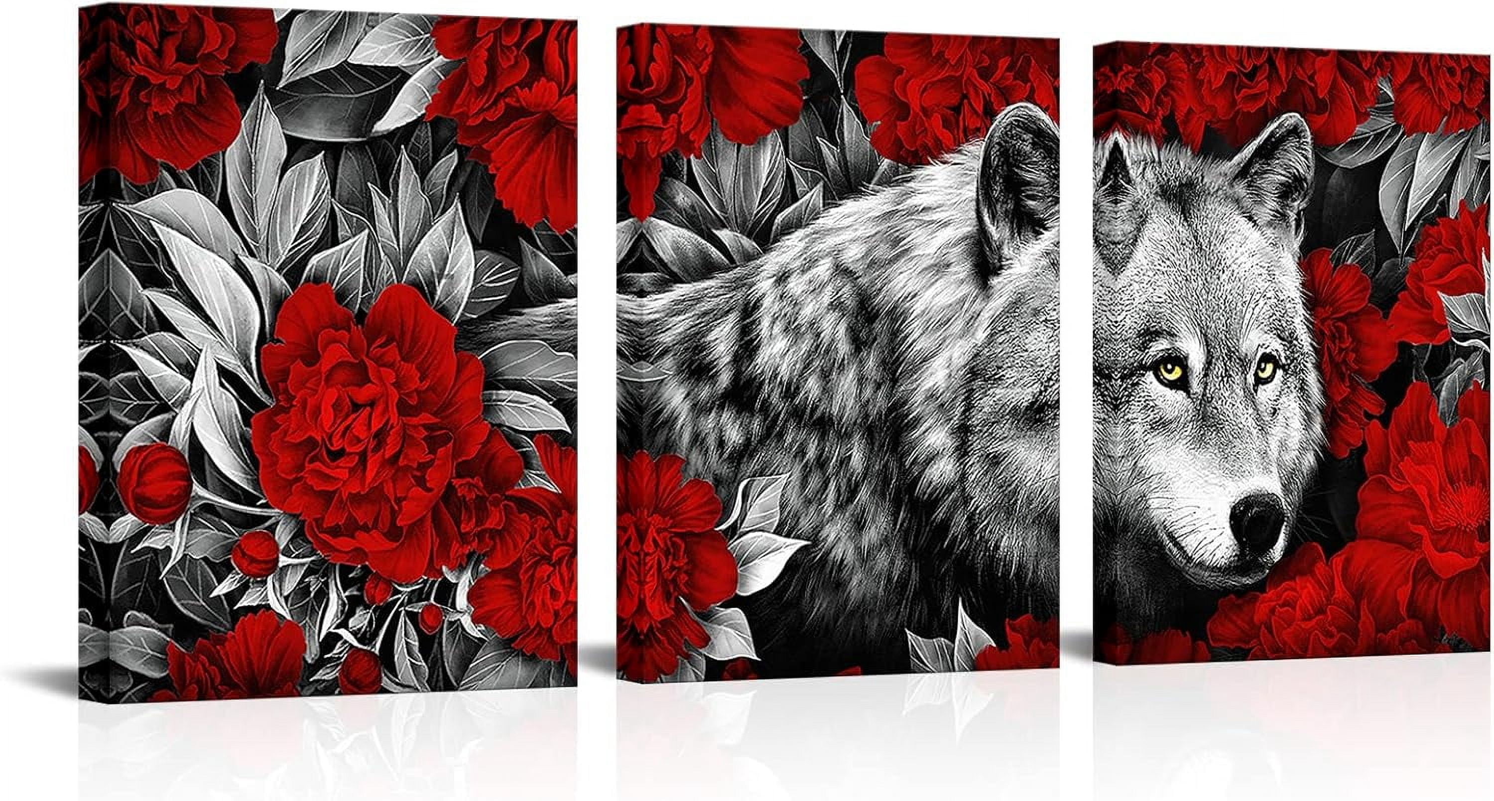 3 PCS Wildlife Animal Canvas Wall Art Black White Burgundy Red Wolf ...