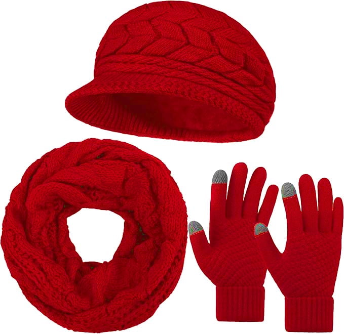 3-Pieces Winter Hat Gloves Scarf Set, Knit Warm Beanie Hat Neck Warmer ...