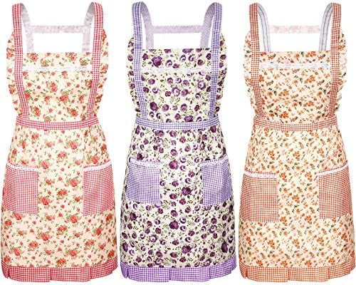 3 Pieces Women Floral Aprons with Pockets Flower Kitchen Cooking Aprons ...