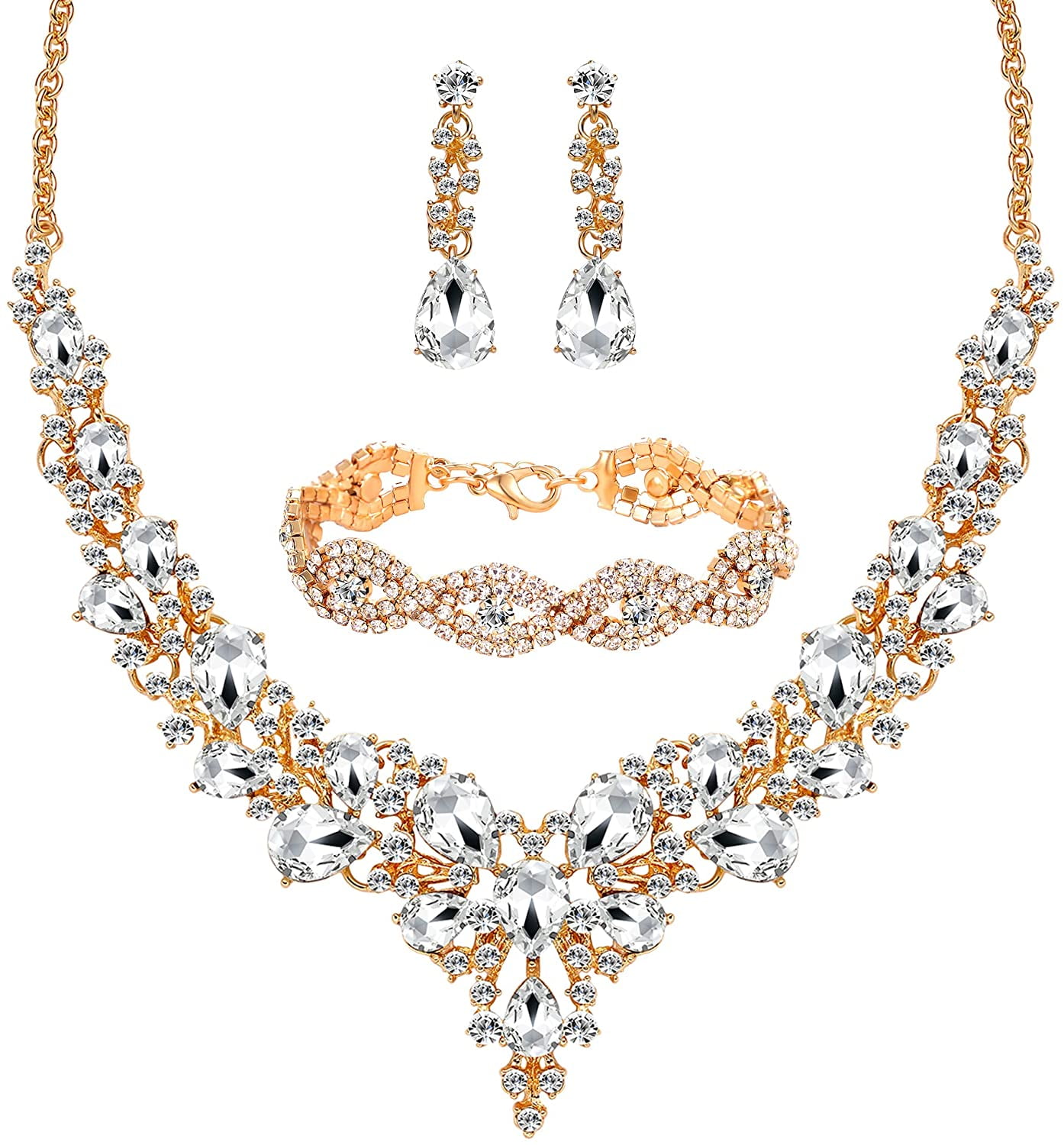 3 Pieces Women Jewelry Set Rhinestone Crystal Bride Statement Necklace Link Bangle Bracelet Teardrop Dangle Earrings Set fit With Bridesmaid Wedding