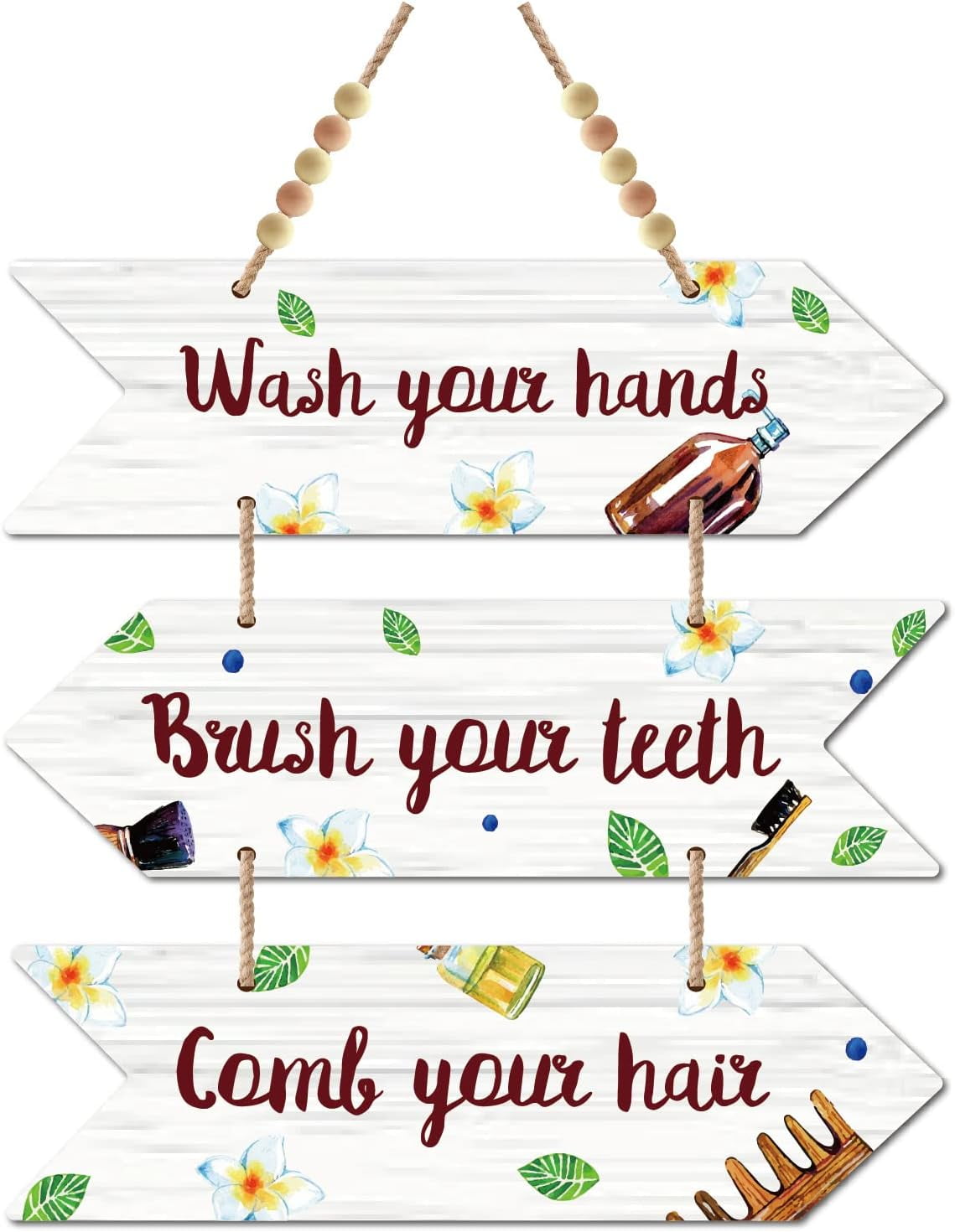 3 Pieces Wooden Wash Your Hands Brush Your Teeth Comb Your Hair Sign ...
