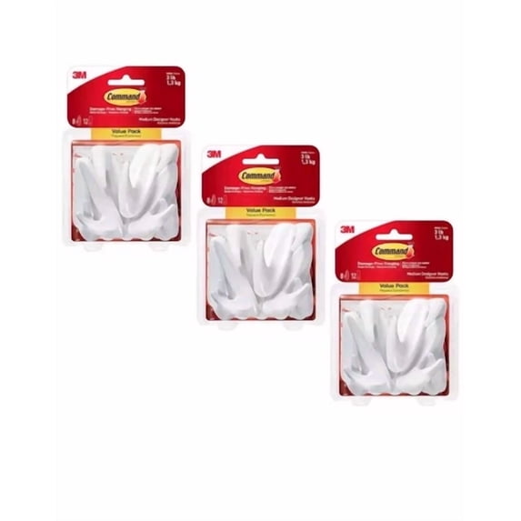 3 Pks 3M Command 8 Medium Designer Hooks & 12 Adhesive Strips Per Pack ...