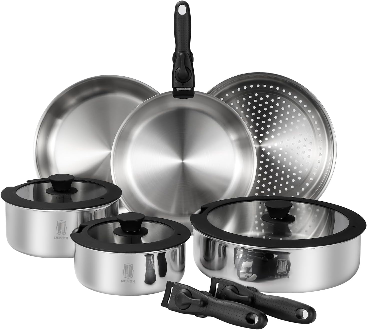 3-Ply Pots and Pans Set, 18/10 Stainless Kitchen Removable Handle ...