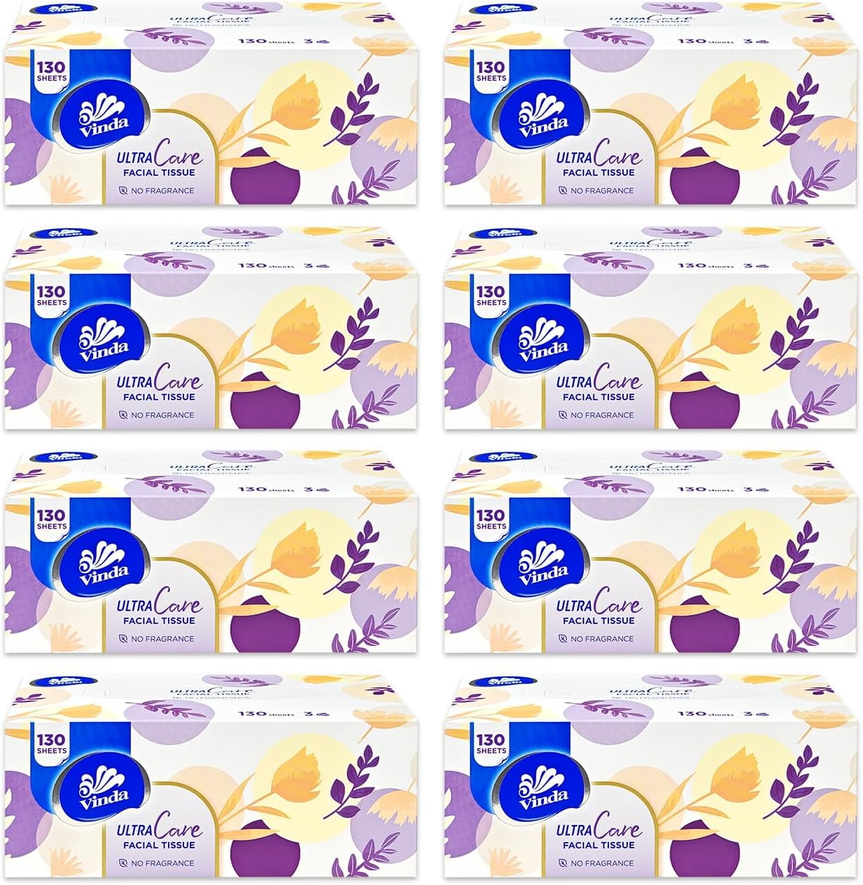 3-Ply Ultra Care Facial Tissues – 130 Soft & Strong Sheets per Box, 8 ...