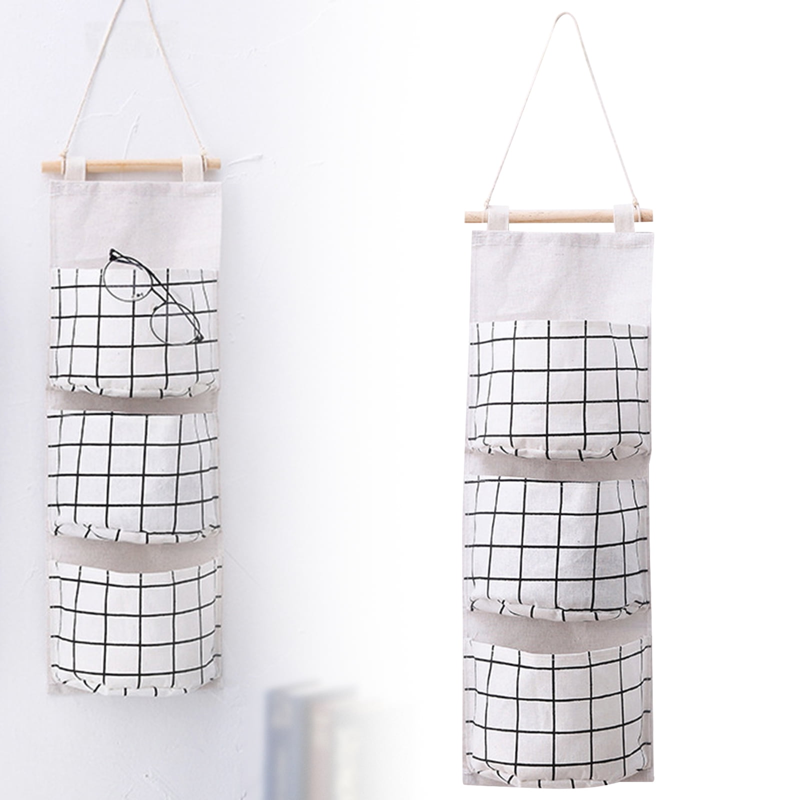 3 Pocket Linen Cotton Checkered Fabric Storage Hanging Bag Multi Layer ...
