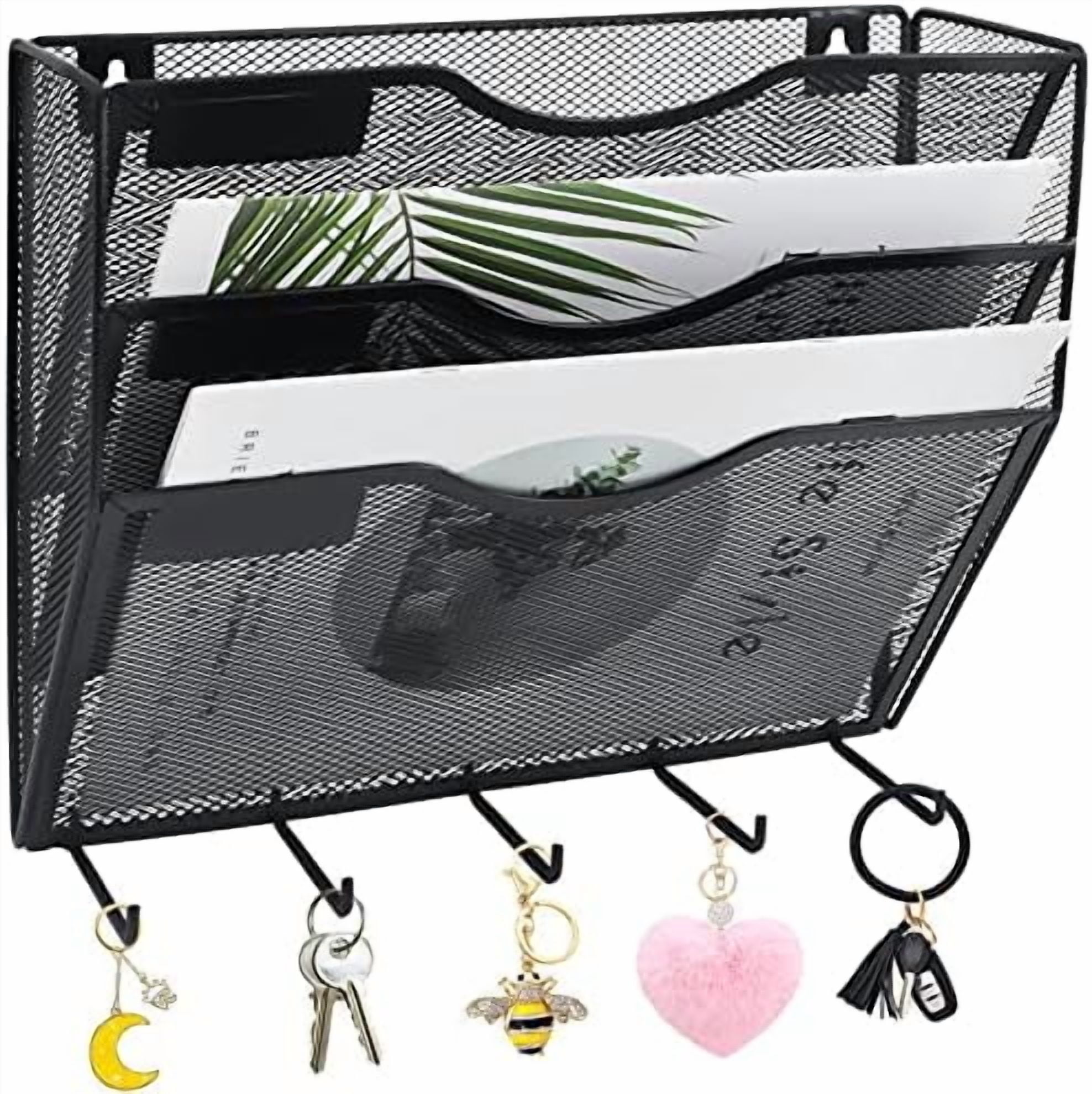 3 Pocket Mesh Hanging File Organizer with Key Holder Hooks & Nametag ...