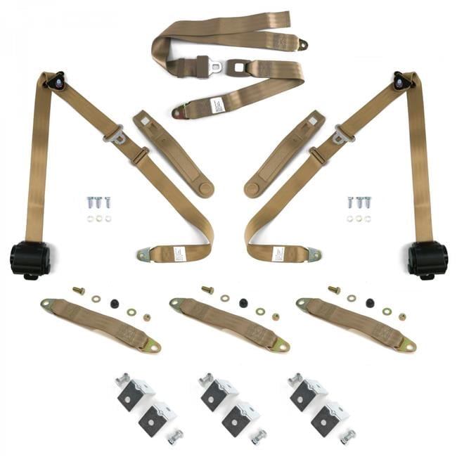 3 Point Tan Retractable Seat Belts with Middle 2 Point Lap Belt Kit for ...