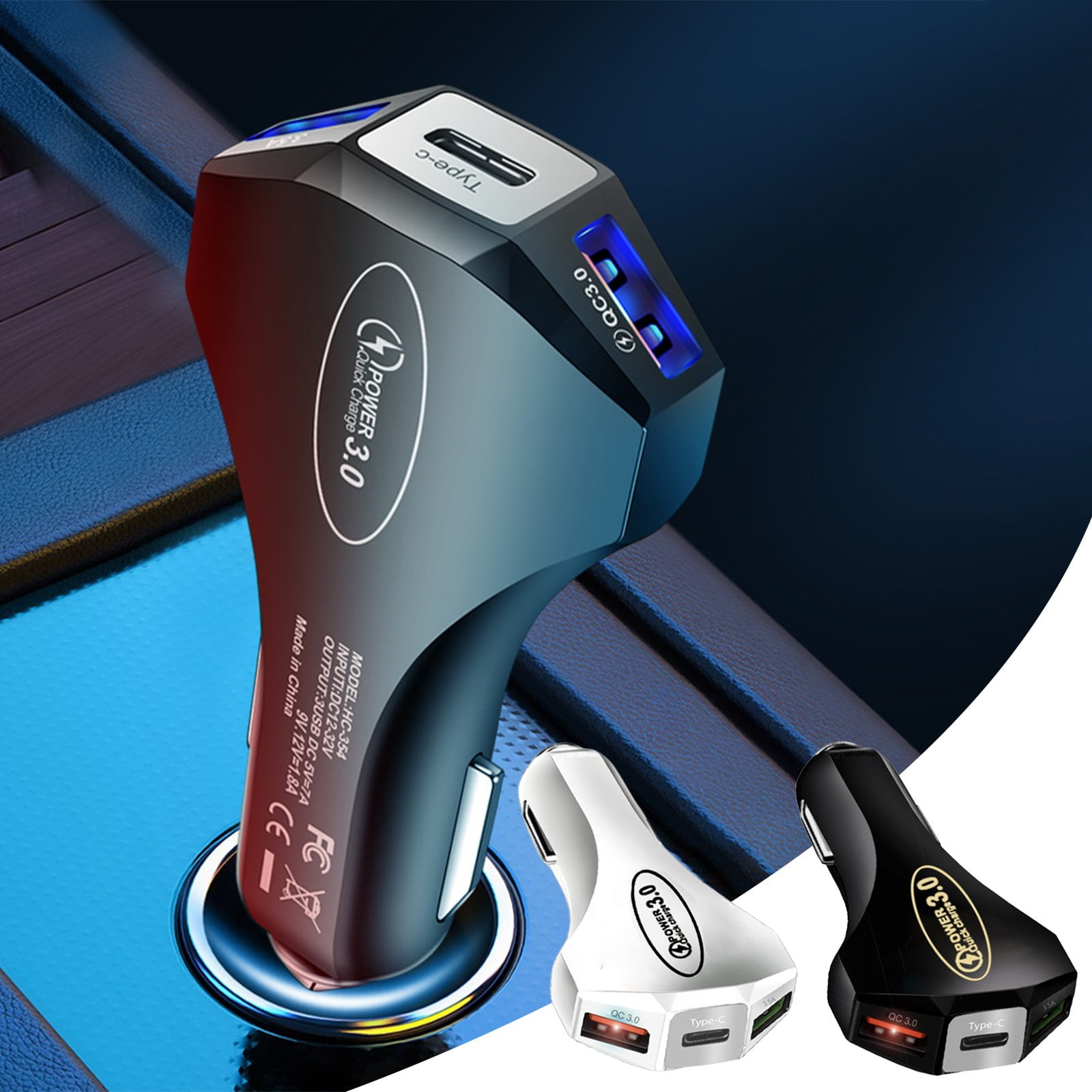3-Port Car Charger, Fast Charging, USB-C + USB-A Ports, Universal ...